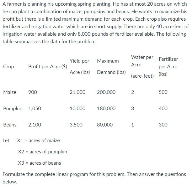 Solved A farmer is planning his upcoming spring planting. He | Chegg.com