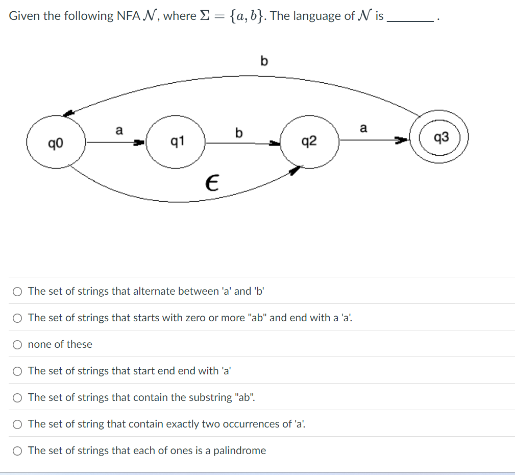 Solved Given the following NFA N, ﻿where Σ={a,b}. ﻿The | Chegg.com