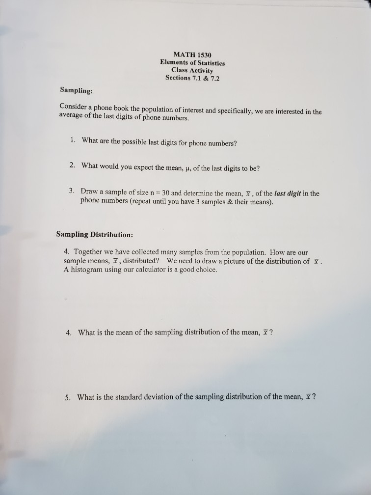 Solved MATH 1530 Elements of Statistics Class Activity | Chegg.com