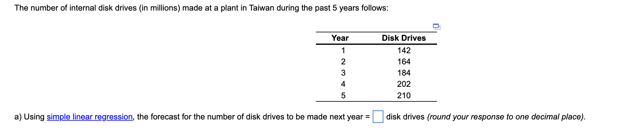 Solved A) using simple linear regression, the forecast for | Chegg.com