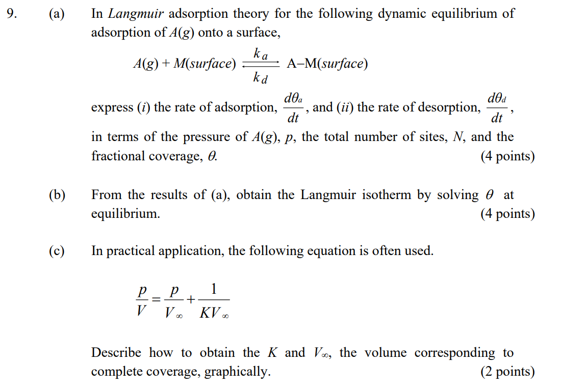 Solved 9. (a) In Langmuir adsorption theory for the | Chegg.com