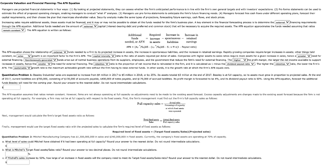 Solved Corporate Valuation and Financial Planning: The AFN | Chegg.com