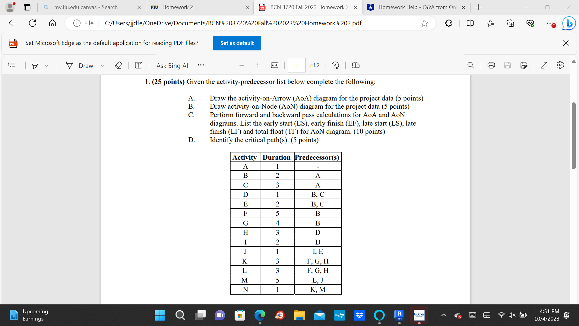 Solved 1. (25 points) Given the activity-predecessor list | Chegg.com