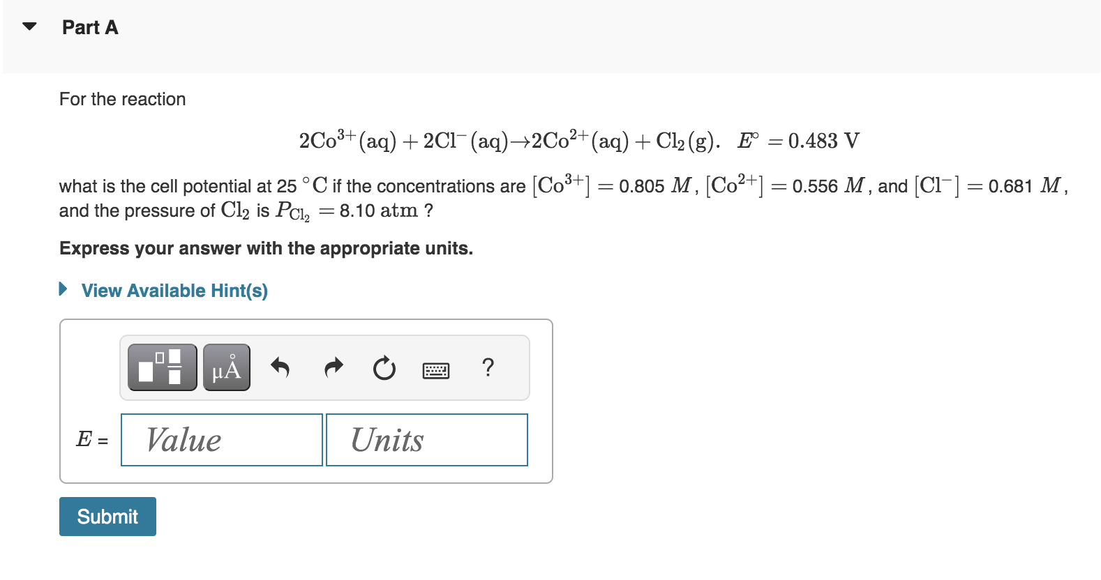 Solved For the reaction 2Co3+(aq)+2Cl−(aq)→2Co2+(aq)+Cl2( | Chegg.com