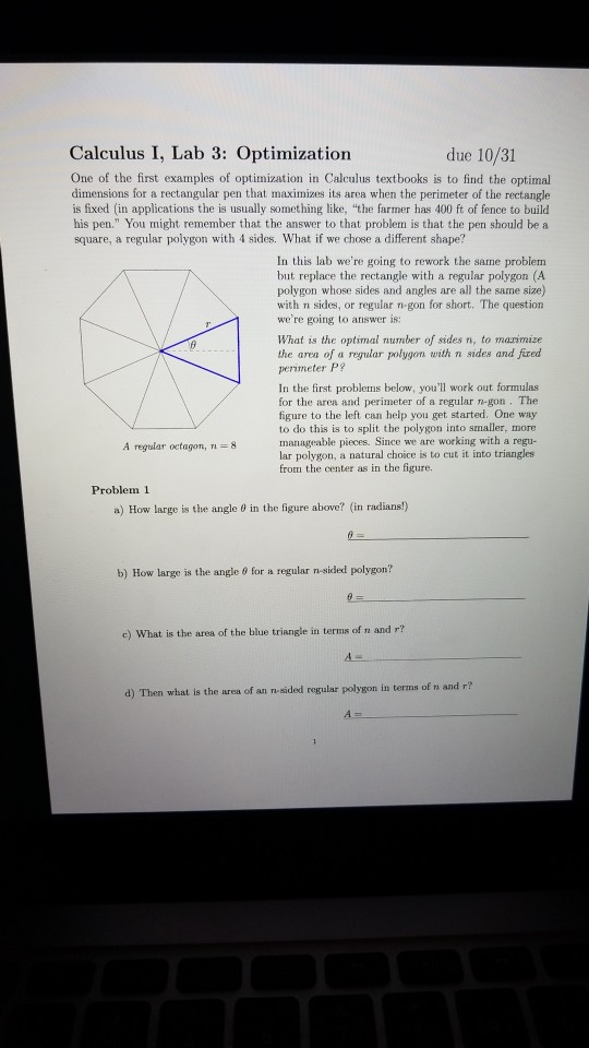 Solved Calculus I, Lab 3: Optimization One of the first | Chegg.com