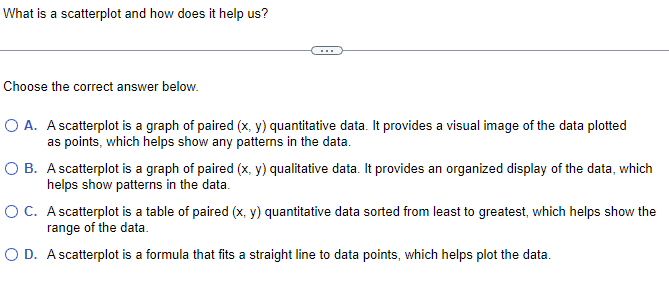 Solved What is a scatterplot and how does it help us? Choose | Chegg.com