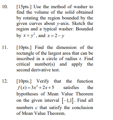 Solved 10. [15pts.] Use the method of washer to find the | Chegg.com