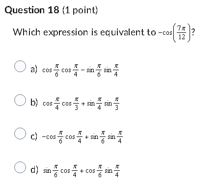 Solved Which expression is equivalent to −cos(127π) ? a) | Chegg.com