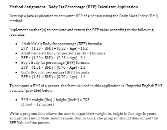 Solved Method Assignment - Body Fat Percentage (BFP) | Chegg.com