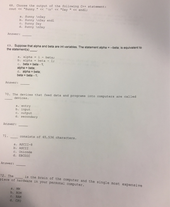 Solved 68 Choose The Output Of The Following C Statement