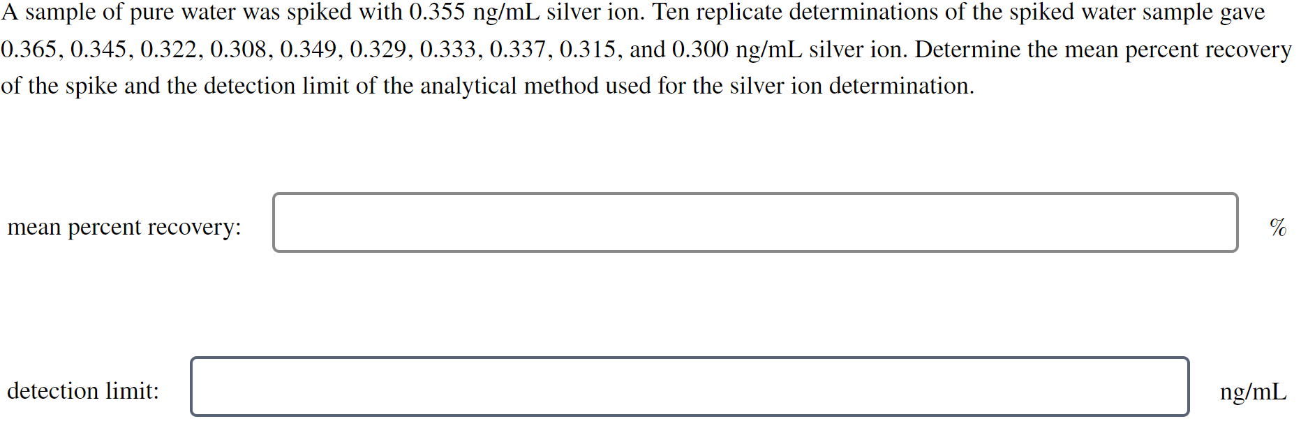 Solved A sample of pure water was spiked with 0.355ng/mL | Chegg.com