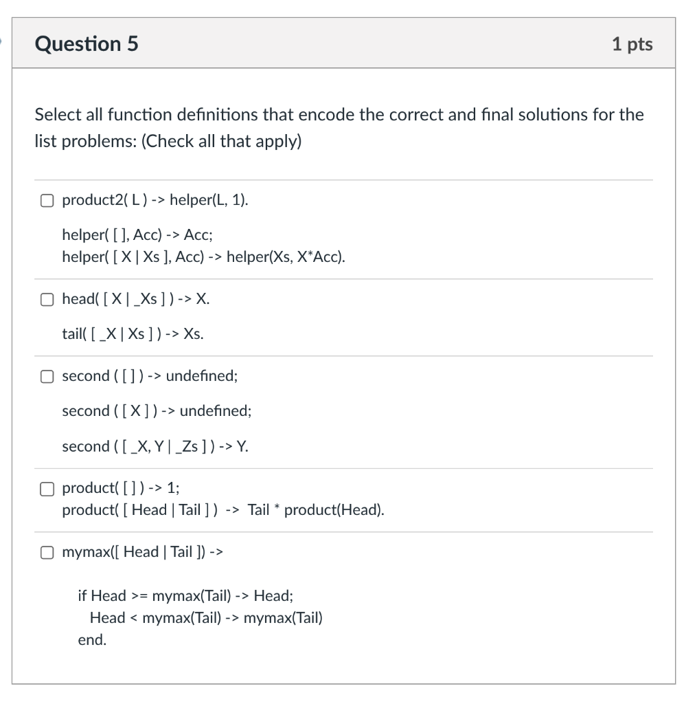 Solved Question 5 1 Pts Select All Function Definitions That 