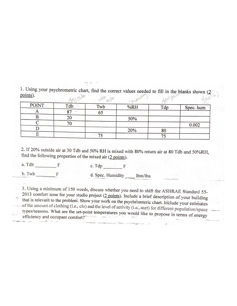 Solved 1. Using your psychrometric chart, find the correct | Chegg.com