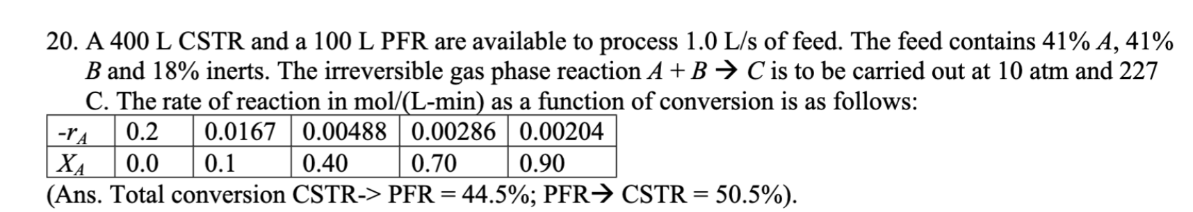 Solved 20. A 400 L CSTR and a 100 L PFR are available to | Chegg.com