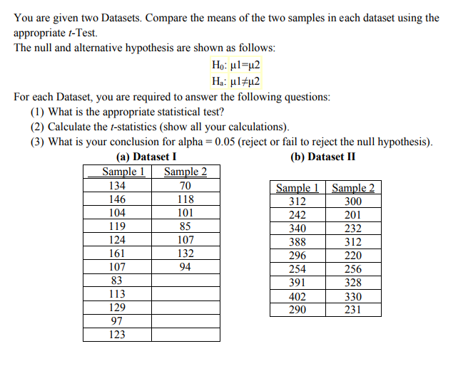 Solved You are given two Datasets. Compare the means of the | Chegg.com
