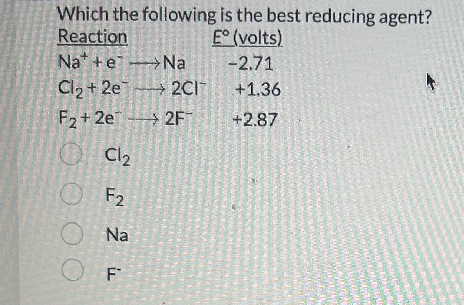 Solved Which the following is the best reducing agent? Cl2 | Chegg.com