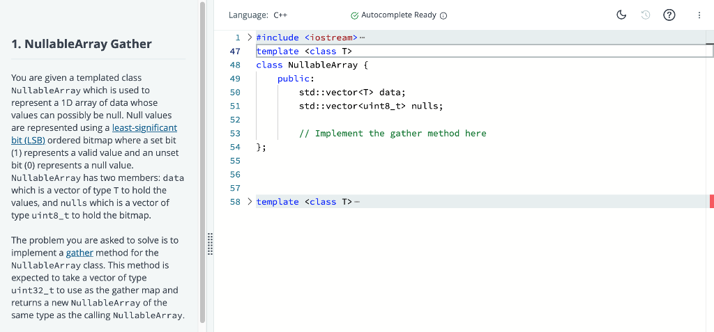 Language: C++ Autocomplete Ready O ? 1. NullableArray | Chegg.com