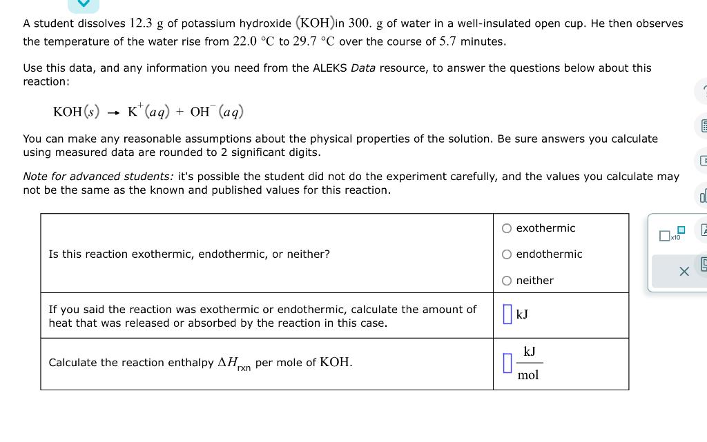 Solved A student dissolves 12.3 g of potassium hydroxide | Chegg.com