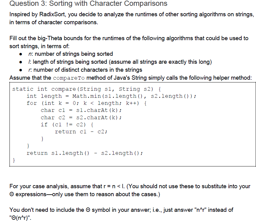 Question 3: Sorting with Character Comparisons | Chegg.com