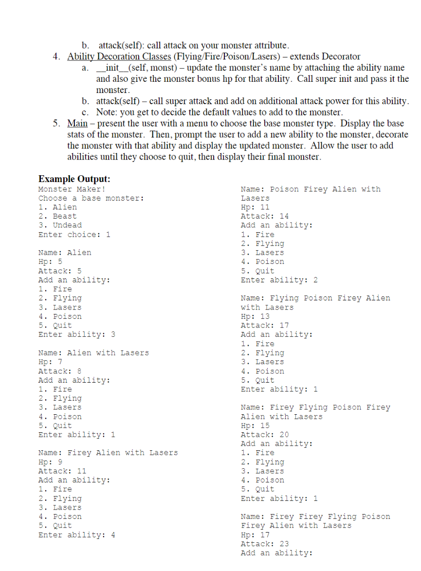 Solved Monster Maker Using the Decorator pattern, create a | Chegg.com