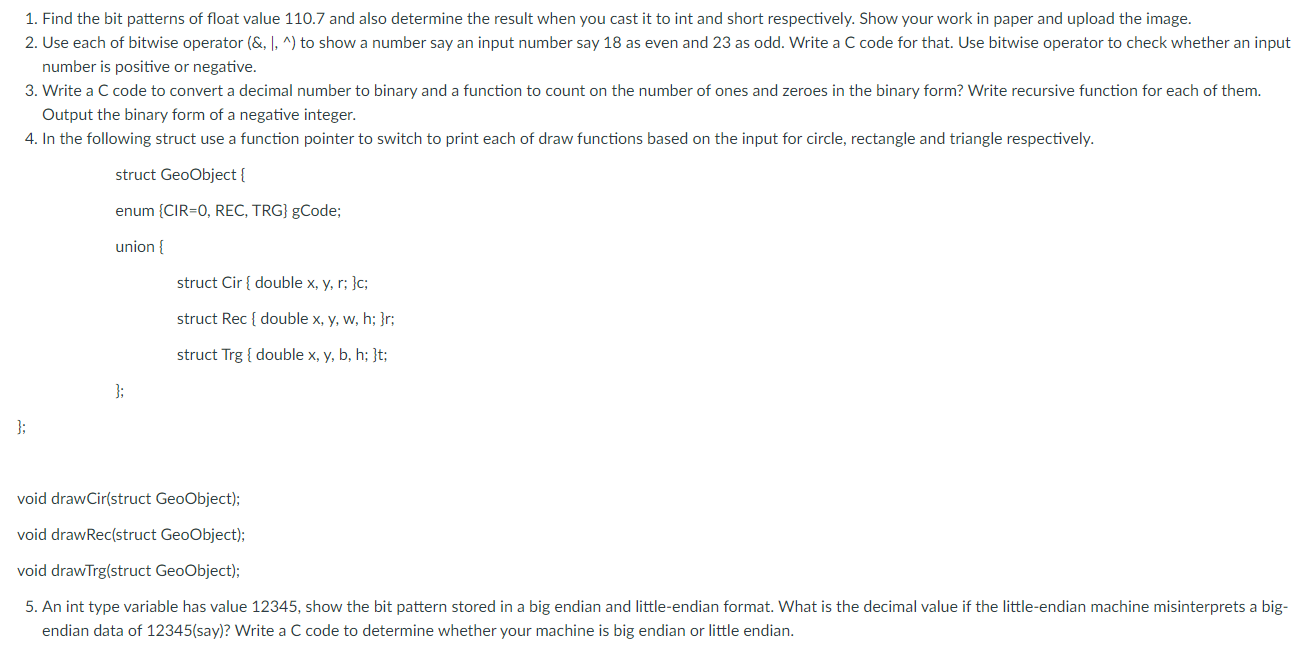 Solved 1. Find the bit patterns of float value 110.7 and | Chegg.com