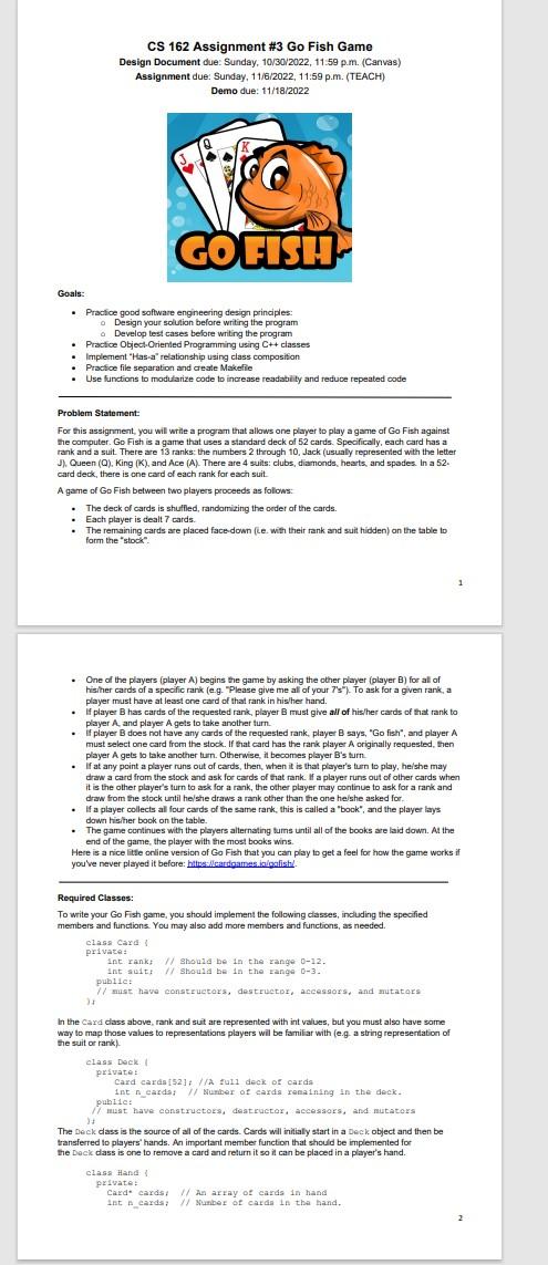 CS 162 Assignment #3 Go Fish Game Design Document | Chegg.com