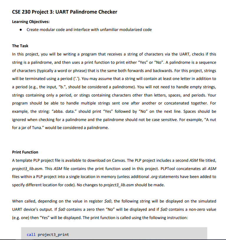 Solved CSE 230 Project 3: UART Palindrome Checker Learning | Chegg.com