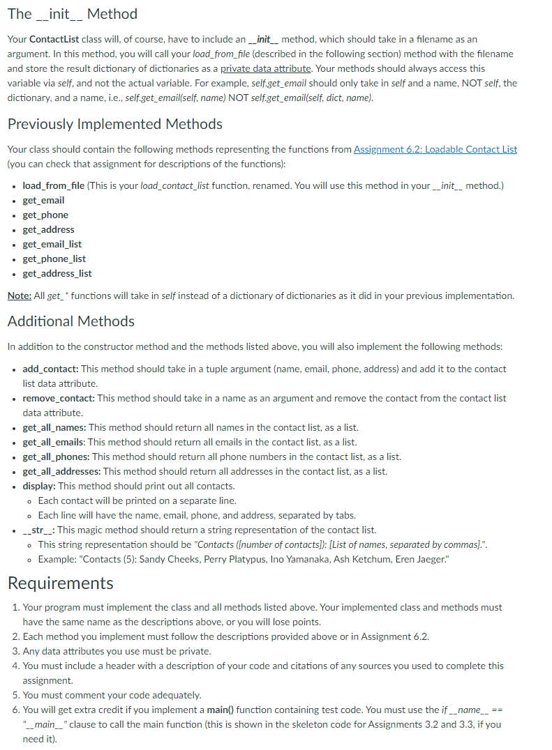 Solved The __init__ Method Your ContactList class will, of | Chegg.com