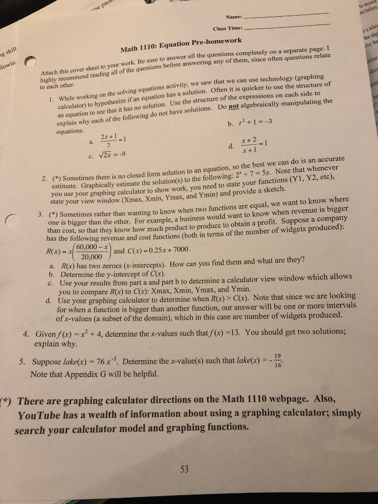 Solved Name Class Time O A Scho The Alg G Skill Math 1110