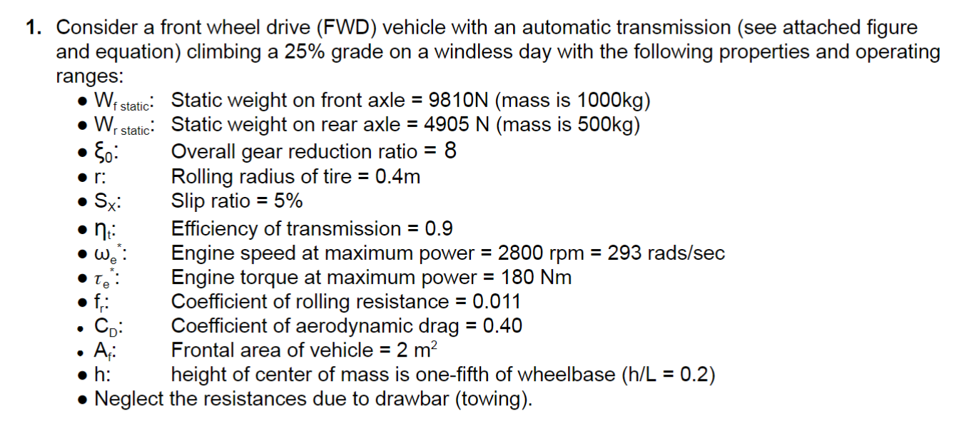 Solved 1. Consider a front wheel drive (FWD) vehicle with an | Chegg.com