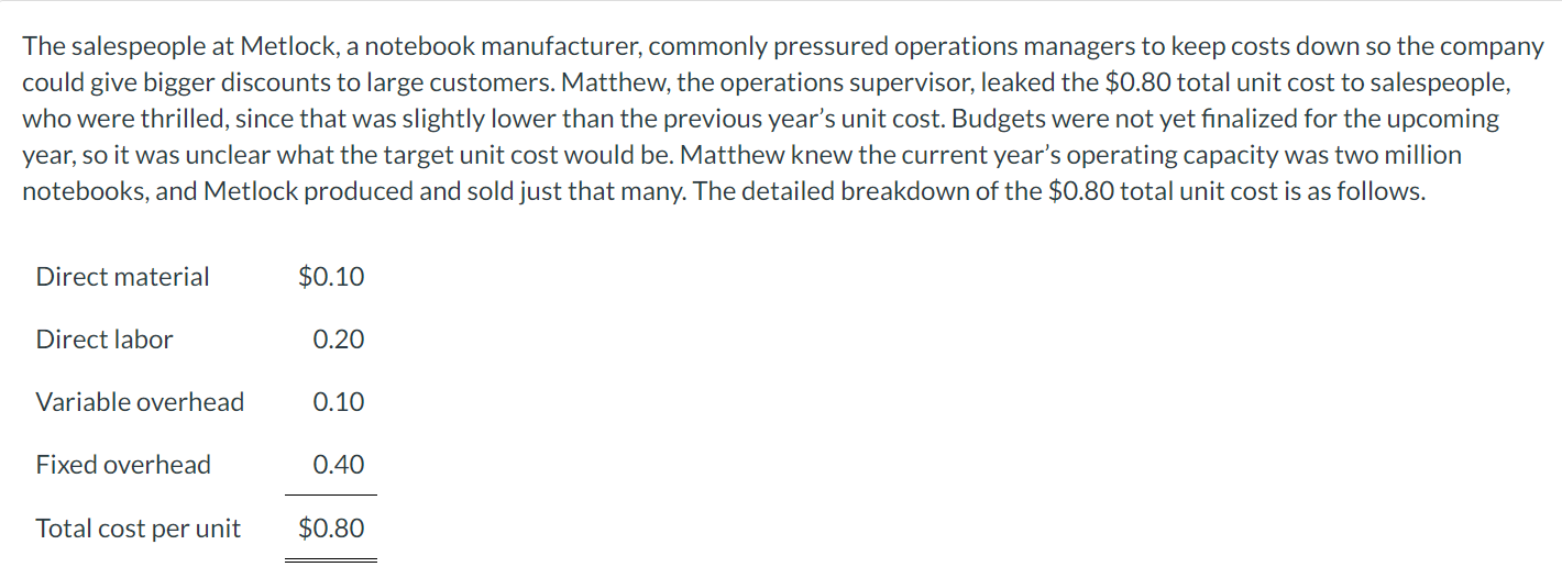Solved The salespeople at Metlock, a notebook manufacturer, | Chegg.com