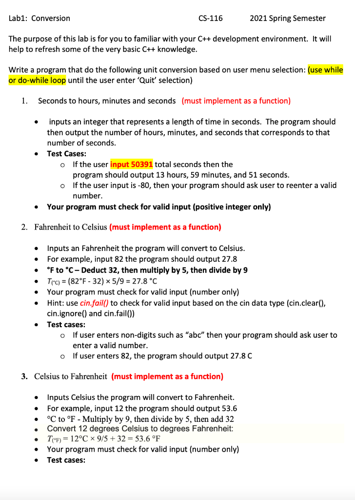 Solved Lab1: Conversion CS-116 2021 Spring Semester The | Chegg.com
