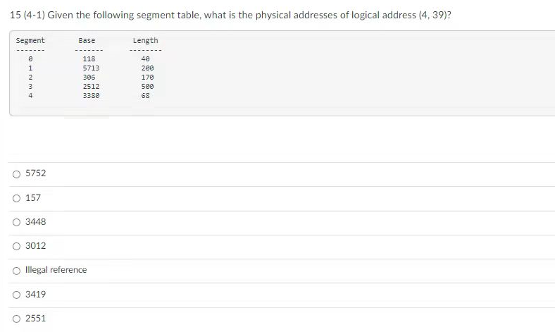 Solved 15(4-1) Given the following segment table, what is | Chegg.com