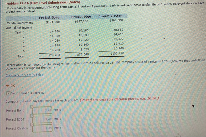 Solved Problem 12-1A (Part Level Submission) (Video) U3 | Chegg.com