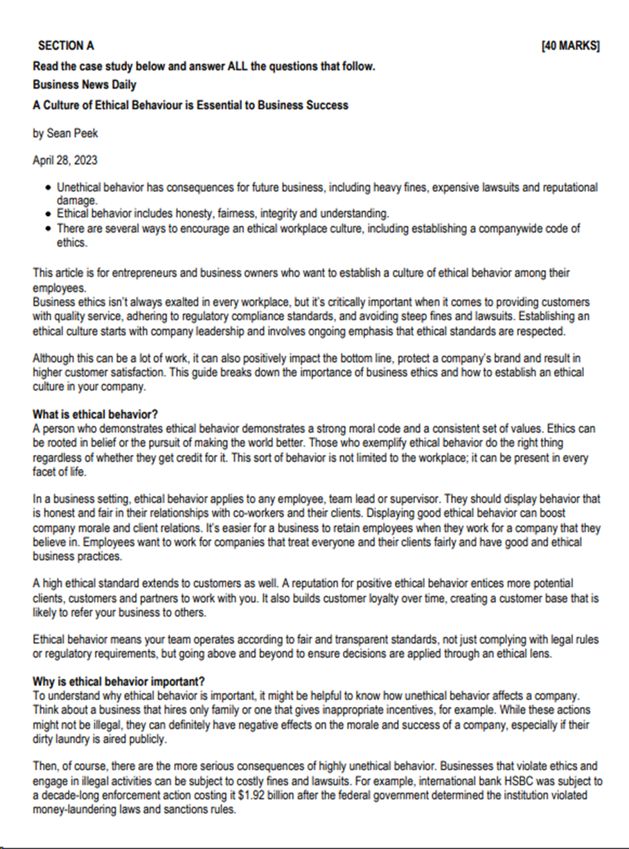 Solved SECTION A [40 MARKS] Read the case study below and | Chegg.com