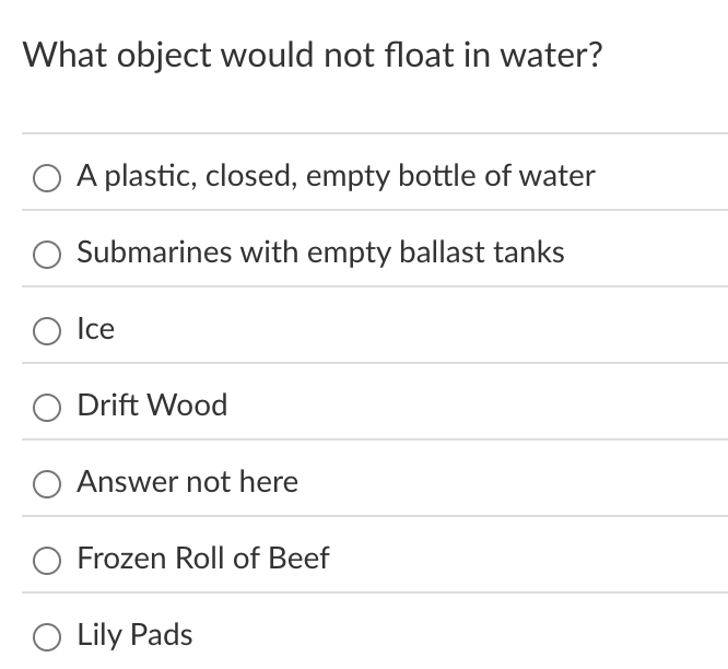 Solved What object would not float in water?A plastic, | Chegg.com