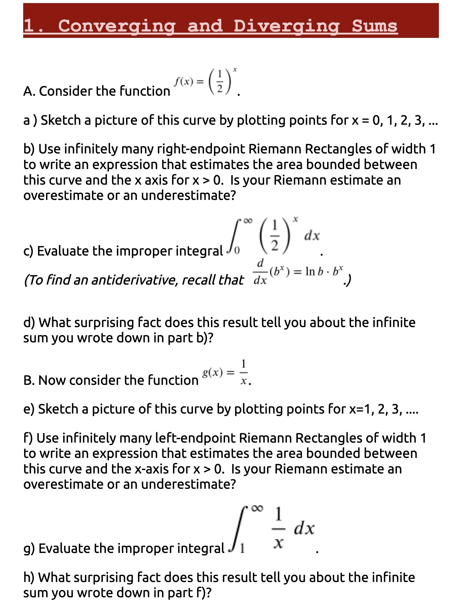 Solved 1. Converging and Diverging Sums A. Consider the | Chegg.com
