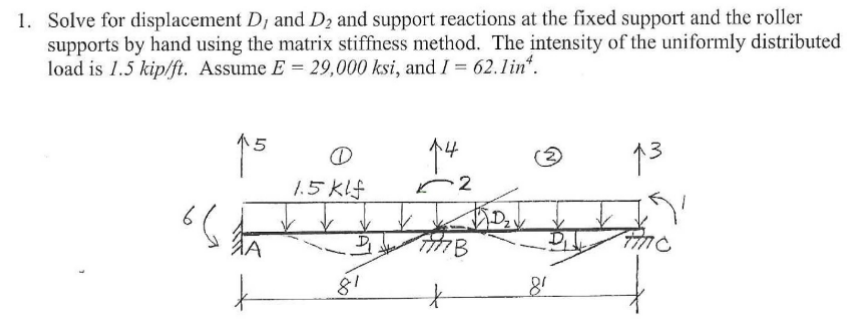 Solved 1. Solve for displacement Dl and D2 and support | Chegg.com