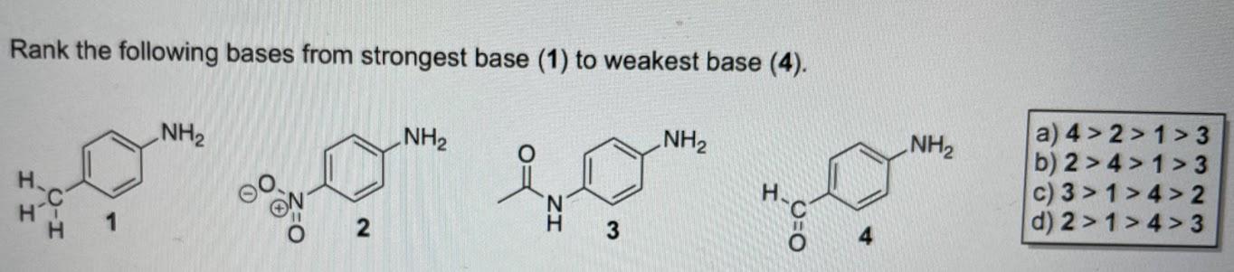 Solved Rank the following bases from strongest base (1) to | Chegg.com
