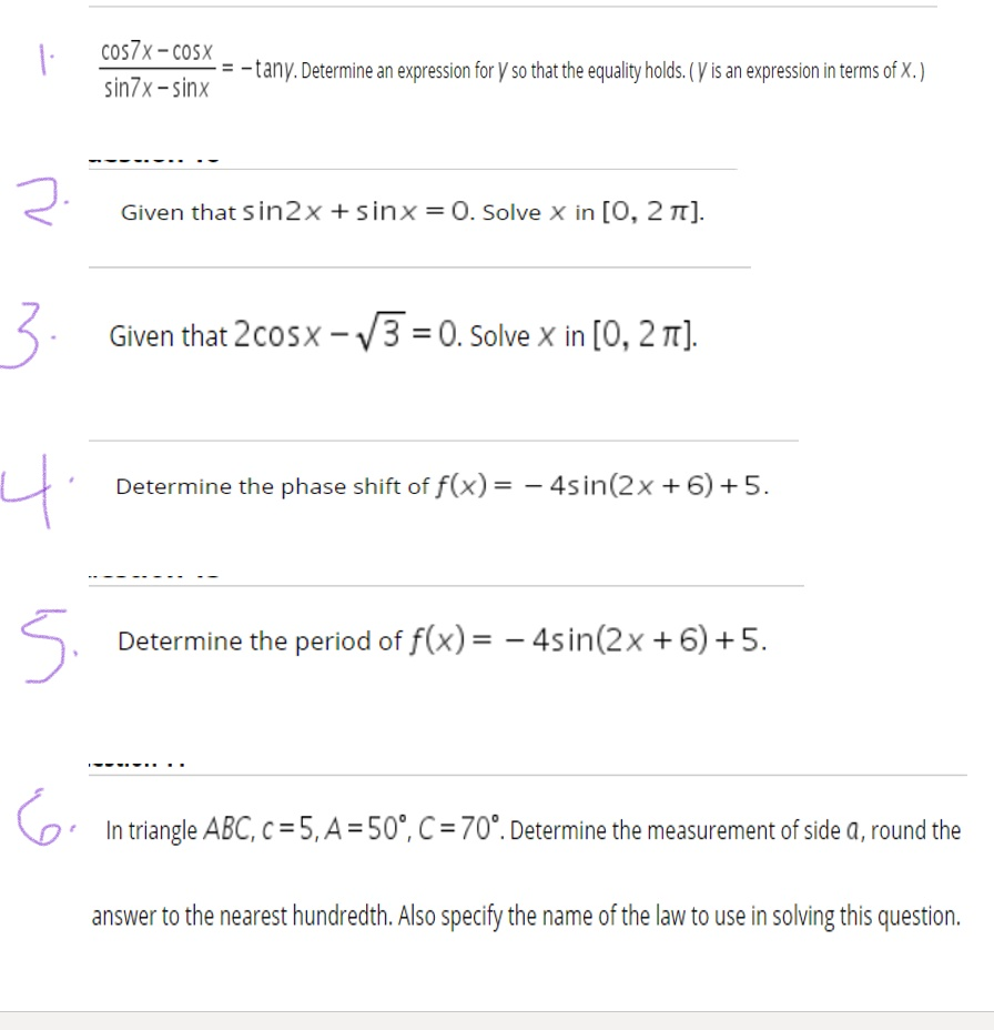 Solved - Cos7x - COSX -= -tany. Determine an expression for | Chegg.com