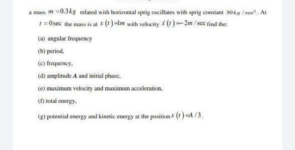 Solved a mass m=0.3kg related with horizontal sprig | Chegg.com