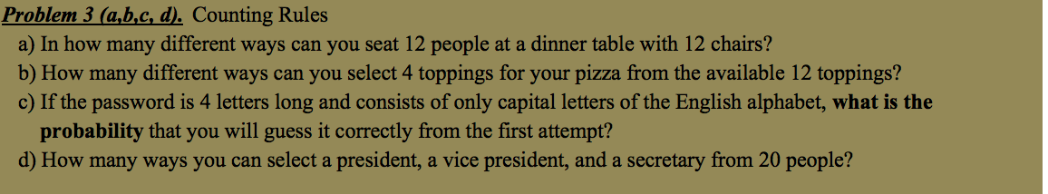 Solved Problem 3 (a,b,c,d). Counting Rules a) In how many | Chegg.com