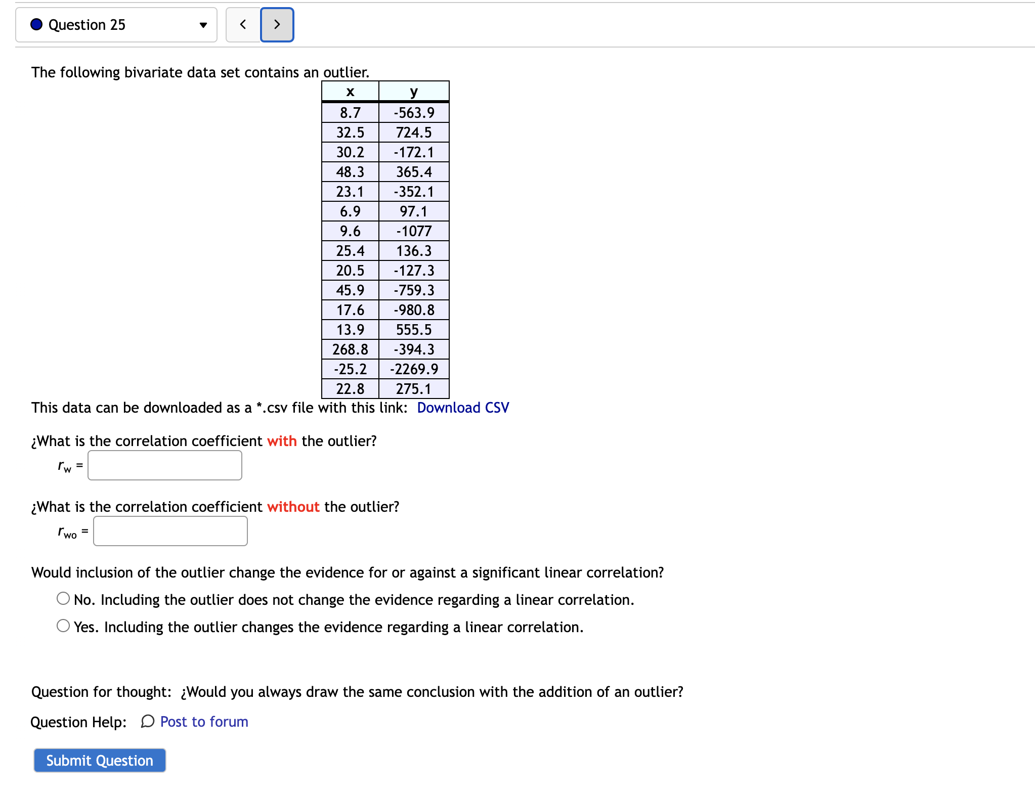 Solved The following bivariate data set contains an outlier. | Chegg.com