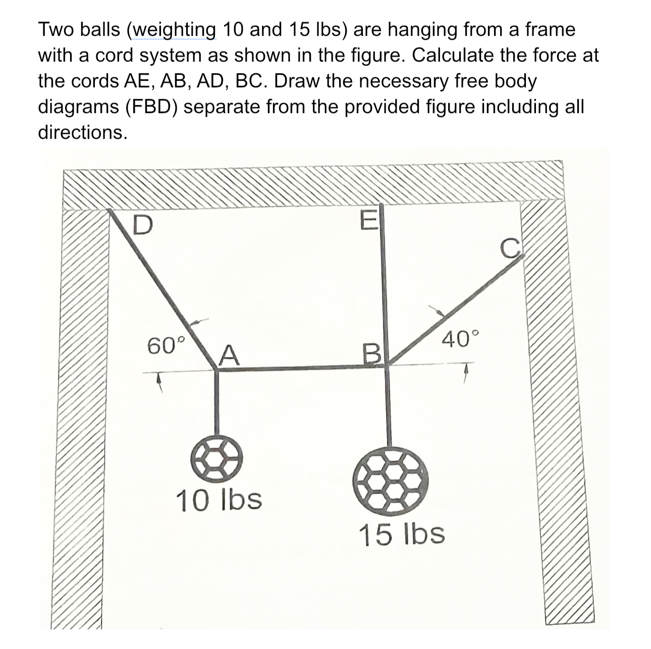 Solved Two balls (weighting 10 ﻿and 15 ﻿lbs ) ﻿are hanging | Chegg.com