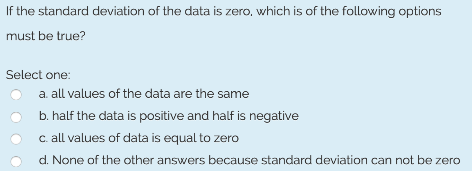 Solved If the standard deviation of the data is zero, which | Chegg.com