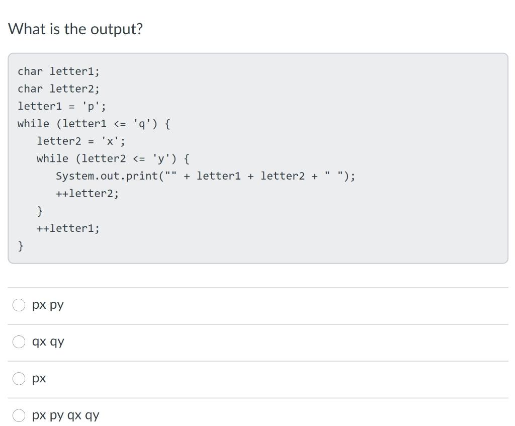 Solved What is the output? char letter1; char letter2; | Chegg.com