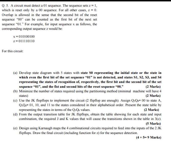 Solved Q. 5. A circuit must detect a 01 sequence. The | Chegg.com
