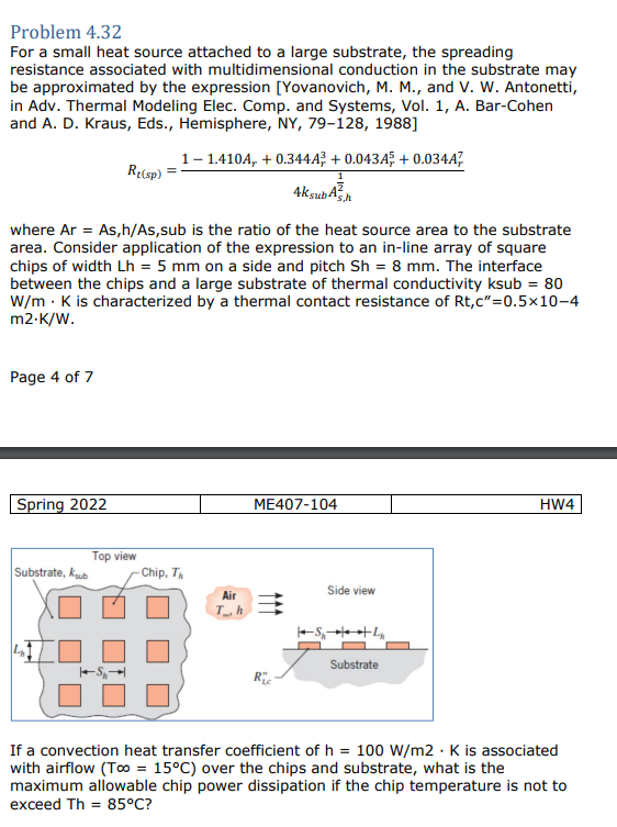 Solved Problem 4.32 For a small heat source attached to a | Chegg.com