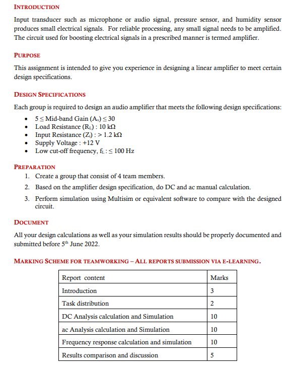 Solved INTRODUCTION Input transducer such as microphone or | Chegg.com
