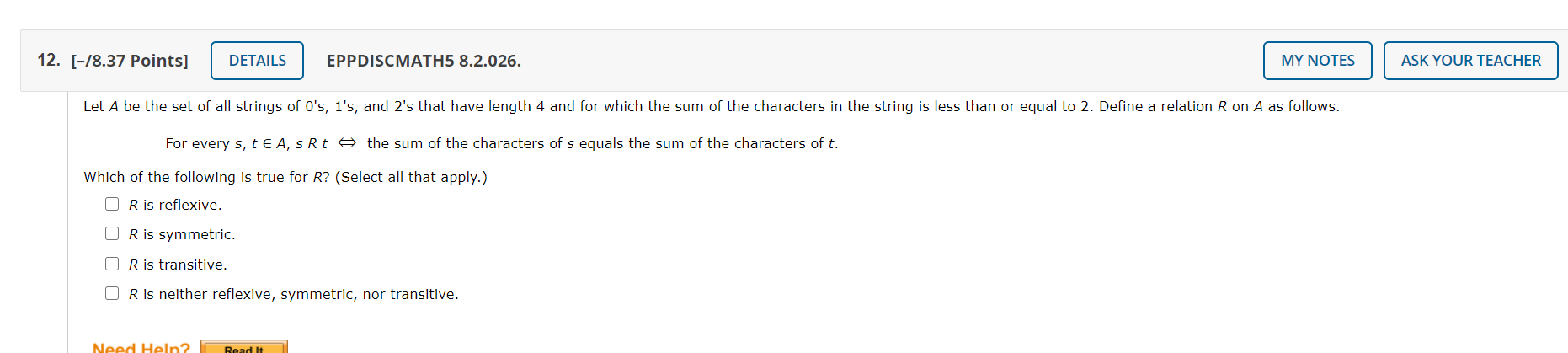 Solved 12. [-/8.37 Points] DETAILS EPPDISCMATH5 8.2.026. MY | Chegg.com